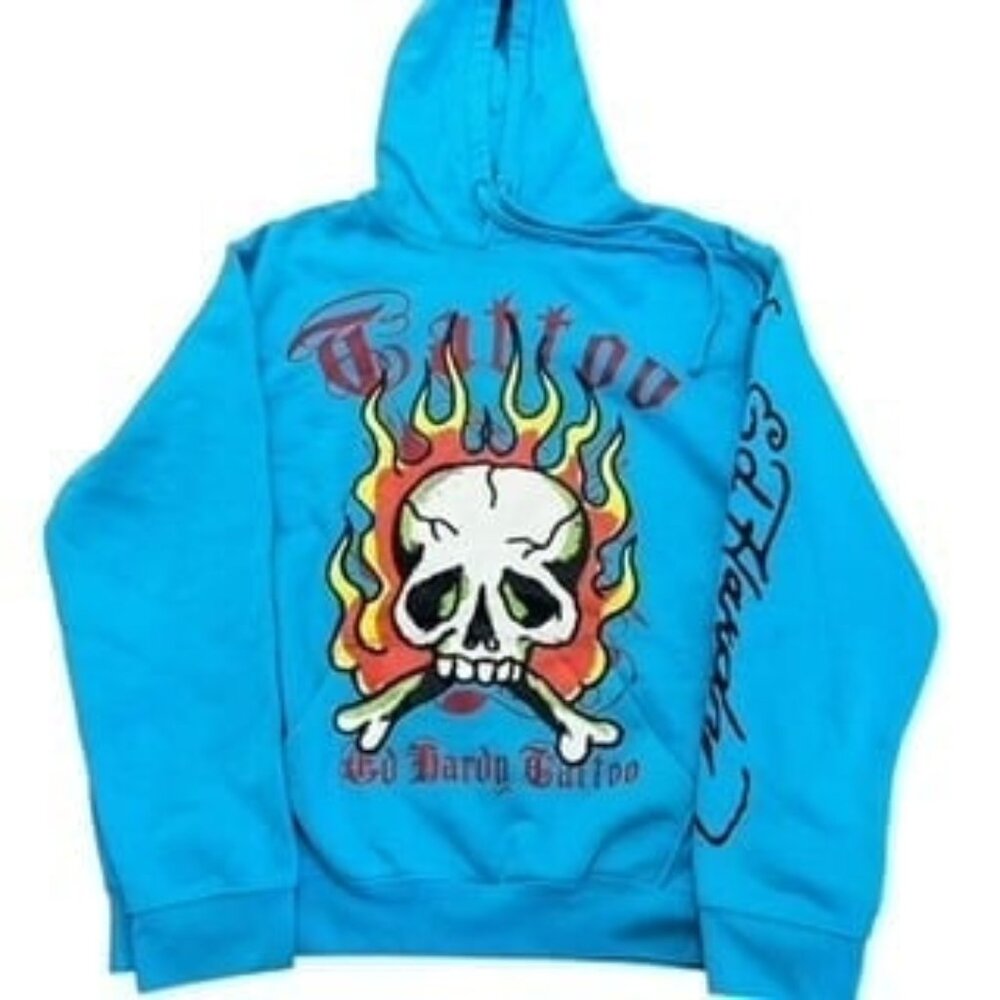 Ed Hardy Blue Hoodie with Skull and Flames NWT - Gem